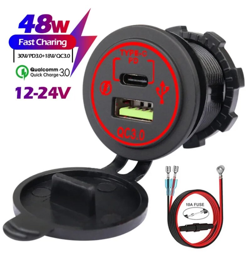 Новая автомобильная USB-зарядная розетка 48 Вт 12 В/24 В USB-C 30 Вт PD3.0 и 18 Вт QC3.0 Водонепроницаемая розетка USB PD для быстрой зарядки для автомобиля, мотоцикла, 48W-PQ-Red-wire
