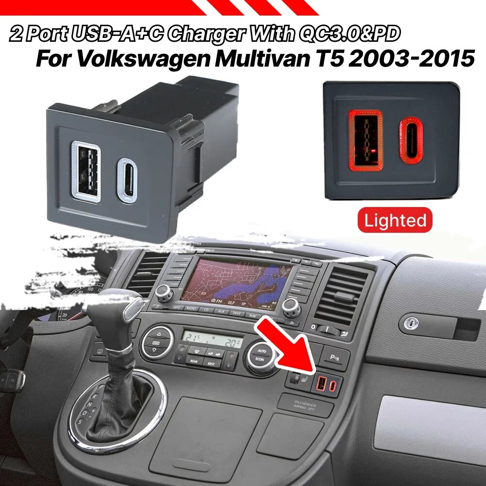 Автомобильное USB-адаптер для зарядного устройства для VW Multivan T5 2003-2015 USB-C/A PD/QC3.0, обновленная розетка для автомобильного зарядного устройства