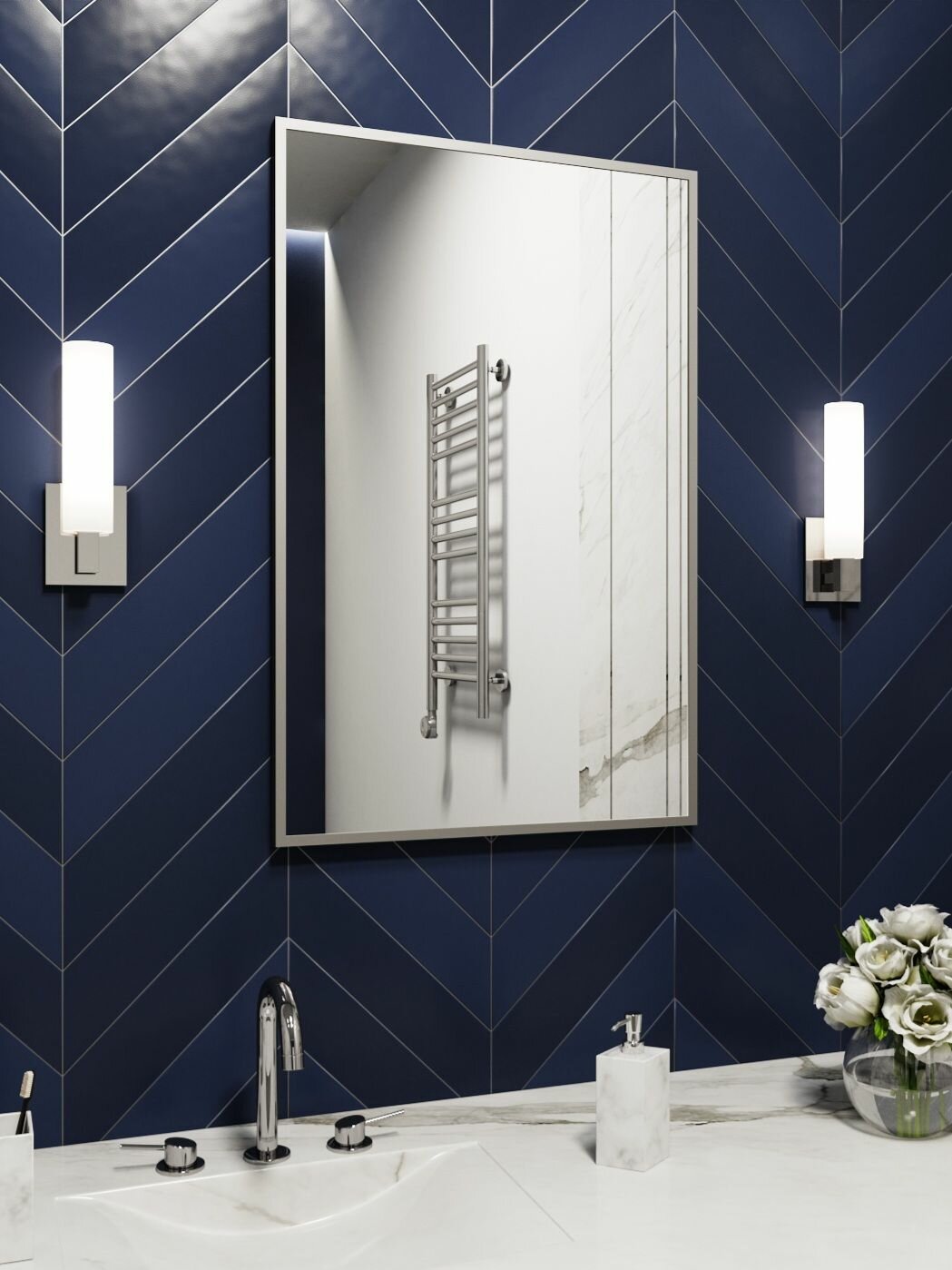 Зеркало настенное 70х50 см. ONE MARKET в ванную в алюминиевой раме, Серебро