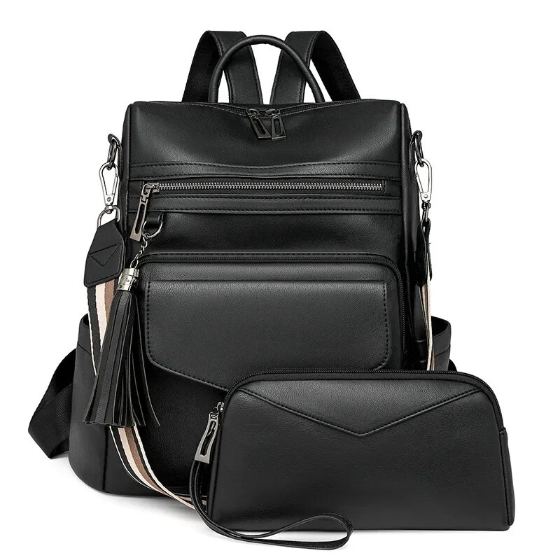 Рюкзак для женщин Большой женский рюкзак Кожаный дорожный модный кошелек Дизайнерские Черный, A