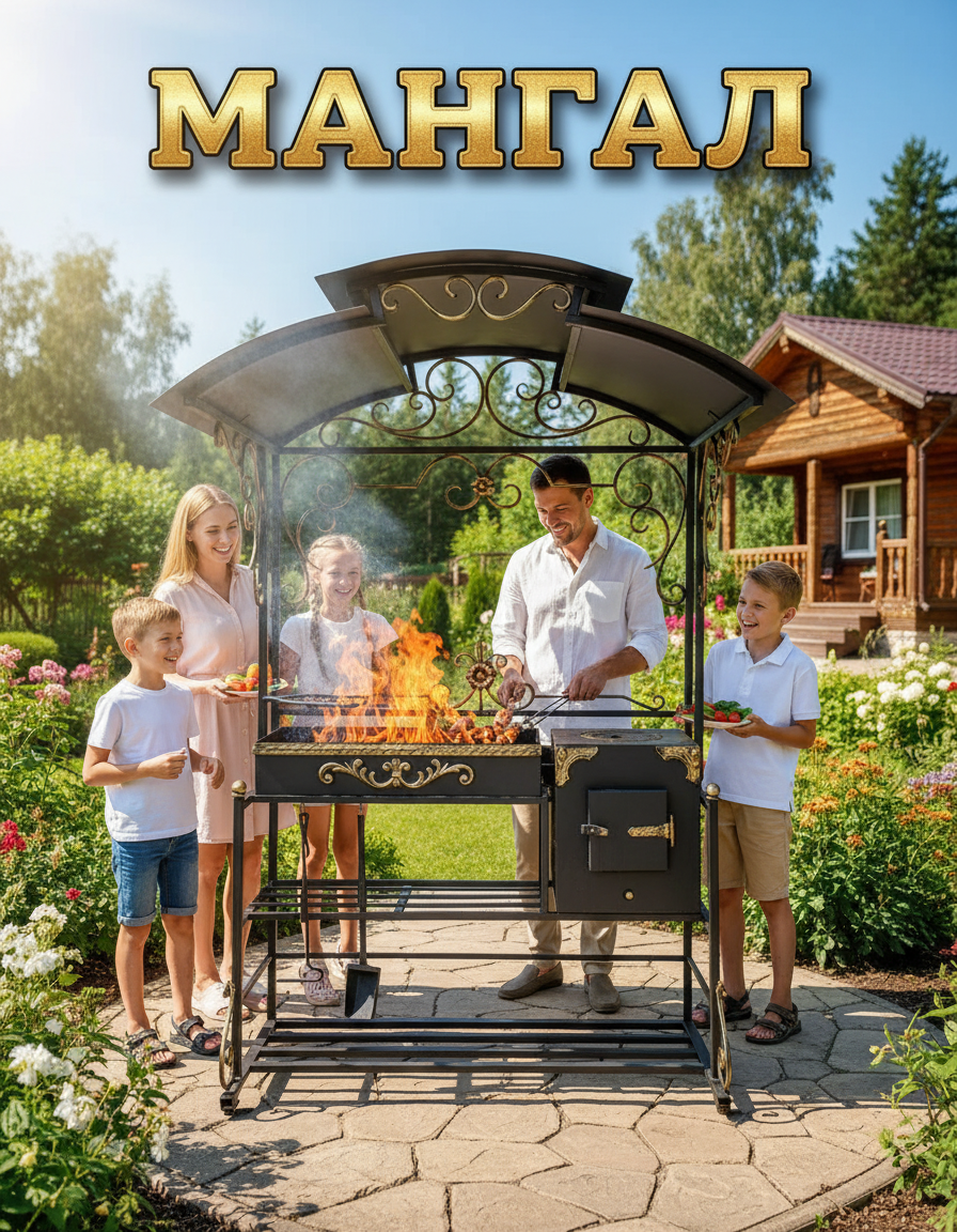 Мангал с крышей и печкой под казан металлический для дачи из стали 3 мм с полочкой небольшой