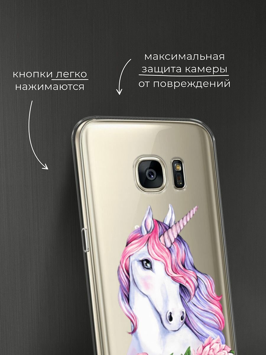 Чехол на Samsung Galaxy S7 / Самсунг Галакси С 7 с принтом "Единорог с пионами", прозрачный — фото 1