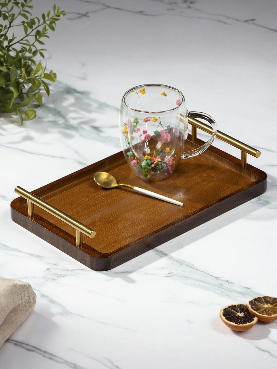 Поднос деревянный с металлическими ручками, прямоугольный, 30х20 см