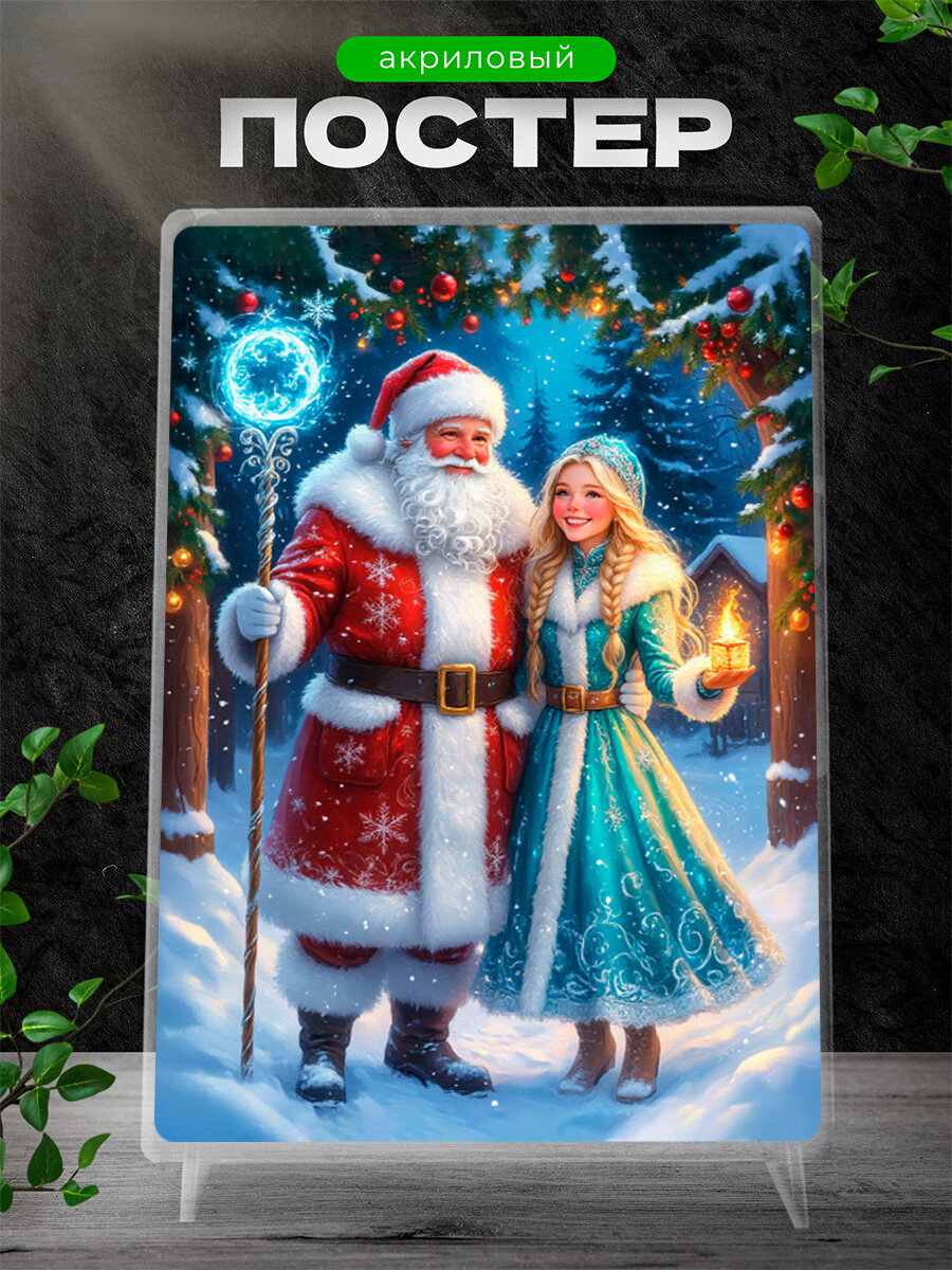 Акриловый постер на подставке с цветным принтом в подарок новогодний Дед Мороз со Снегурочкой