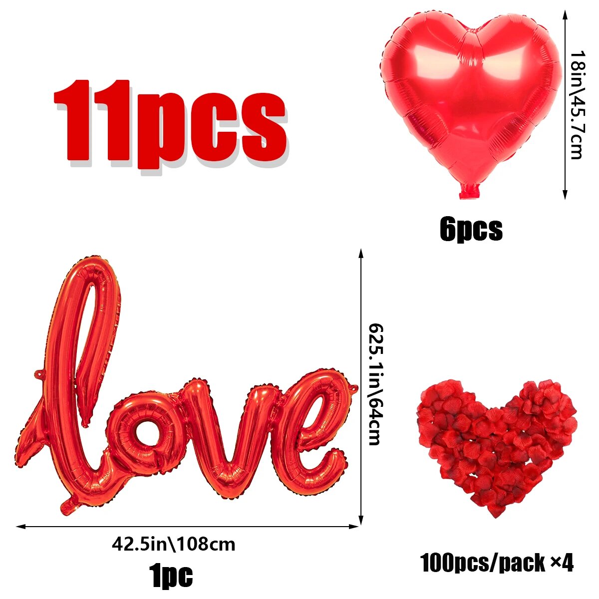 Набор шаров "Love" и сердца, 11 шт, красный, 18"/45.7см