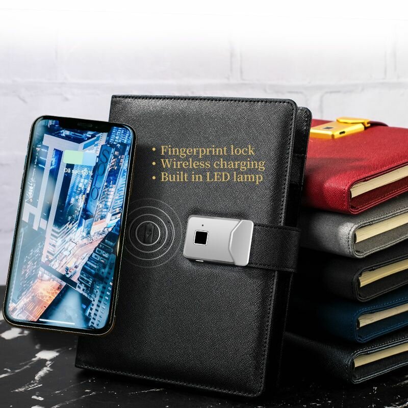 Ежедневник с отпечатком пальца, power bank, беспроводной и проводной зарядкой, лампой, в подарочной упаковке
