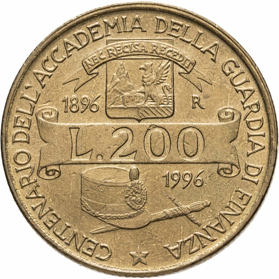 Италия 200 лир lire 1996 100 лет Академии таможенной службы, Бронза, в сохранности XF