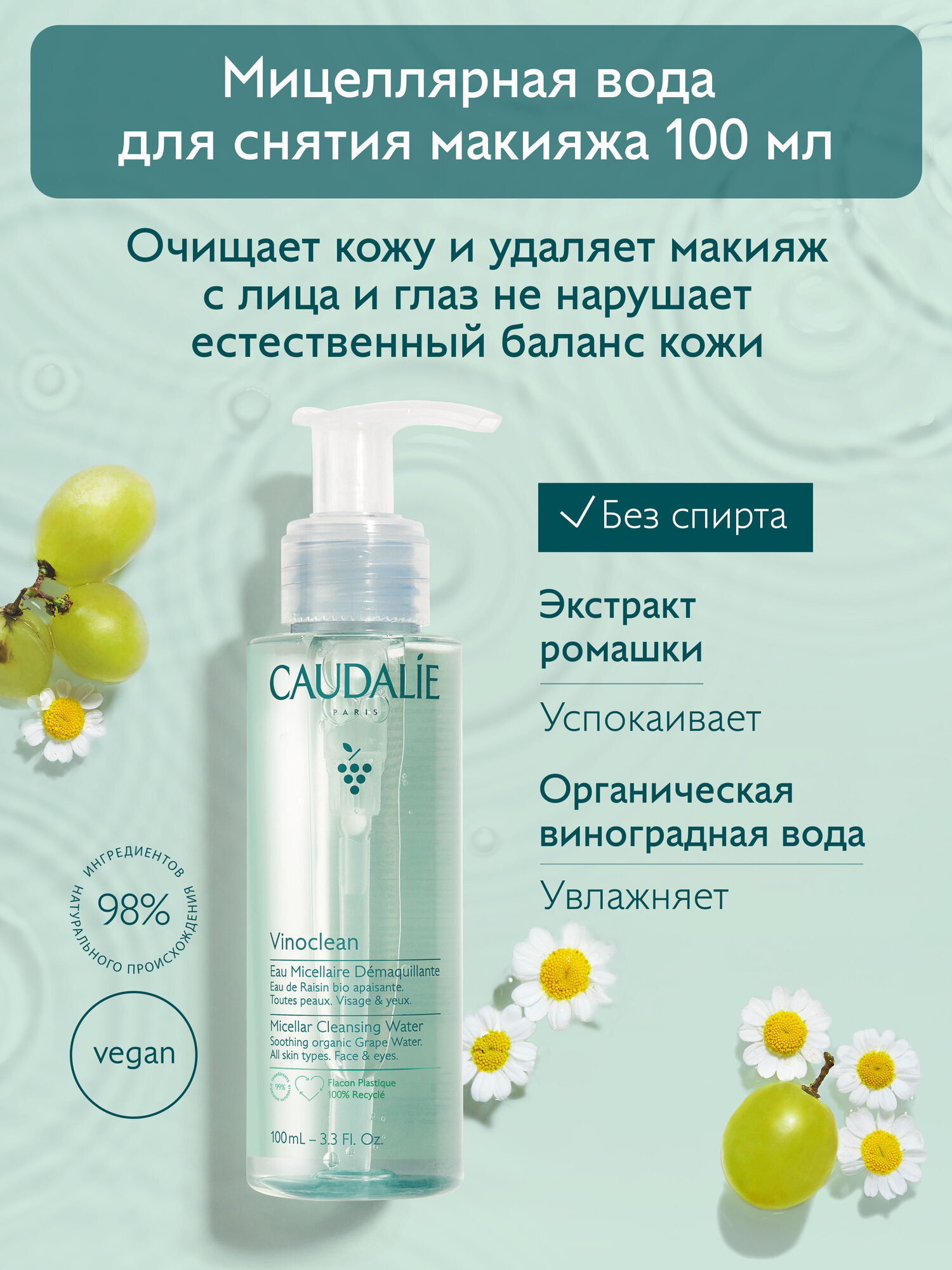 Мицеллярная вода для снятия макияжа "VINOCLEAN"/"виноклин" 100 мл