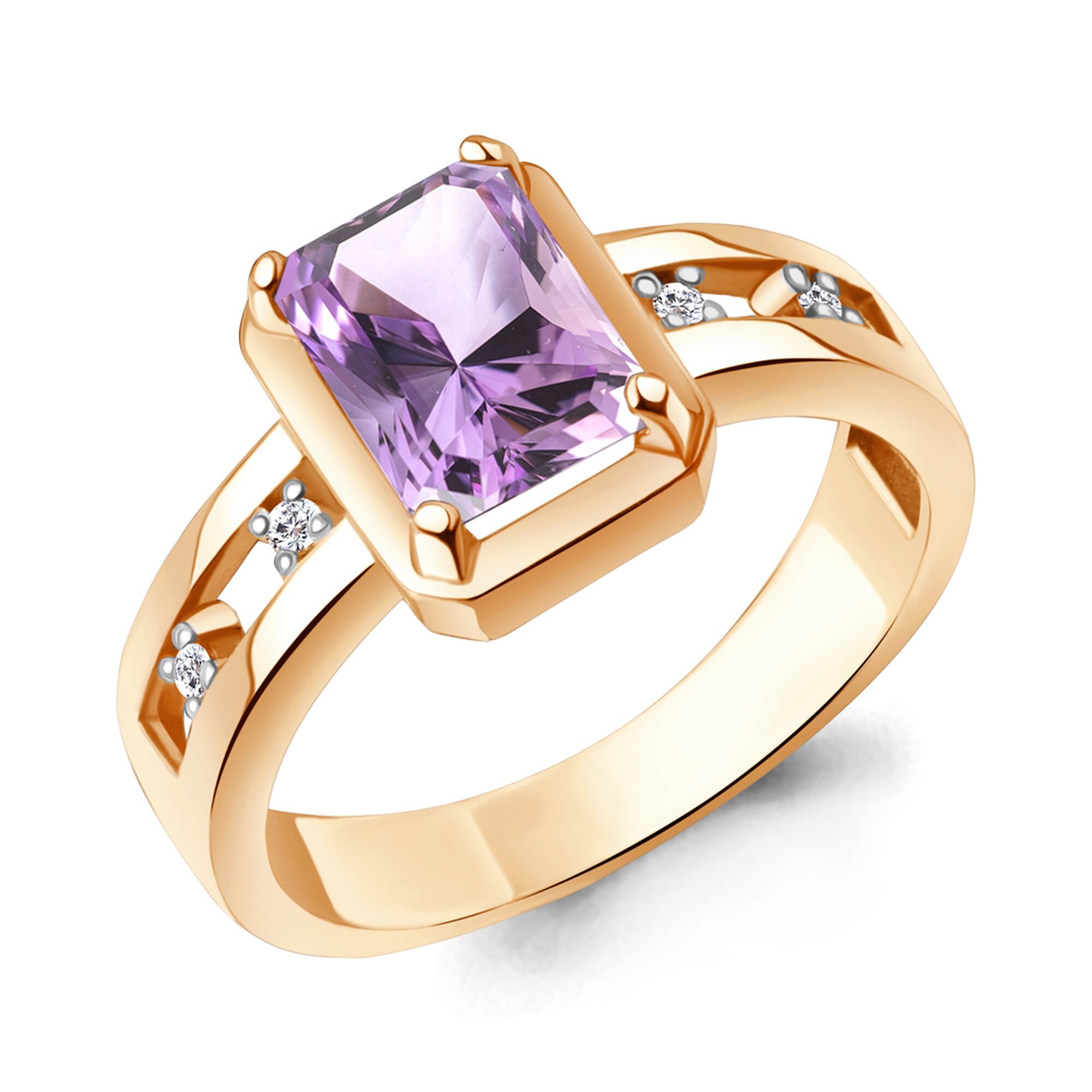 Кольцо, серебро, 925 проба, золочение, фианит, аметист