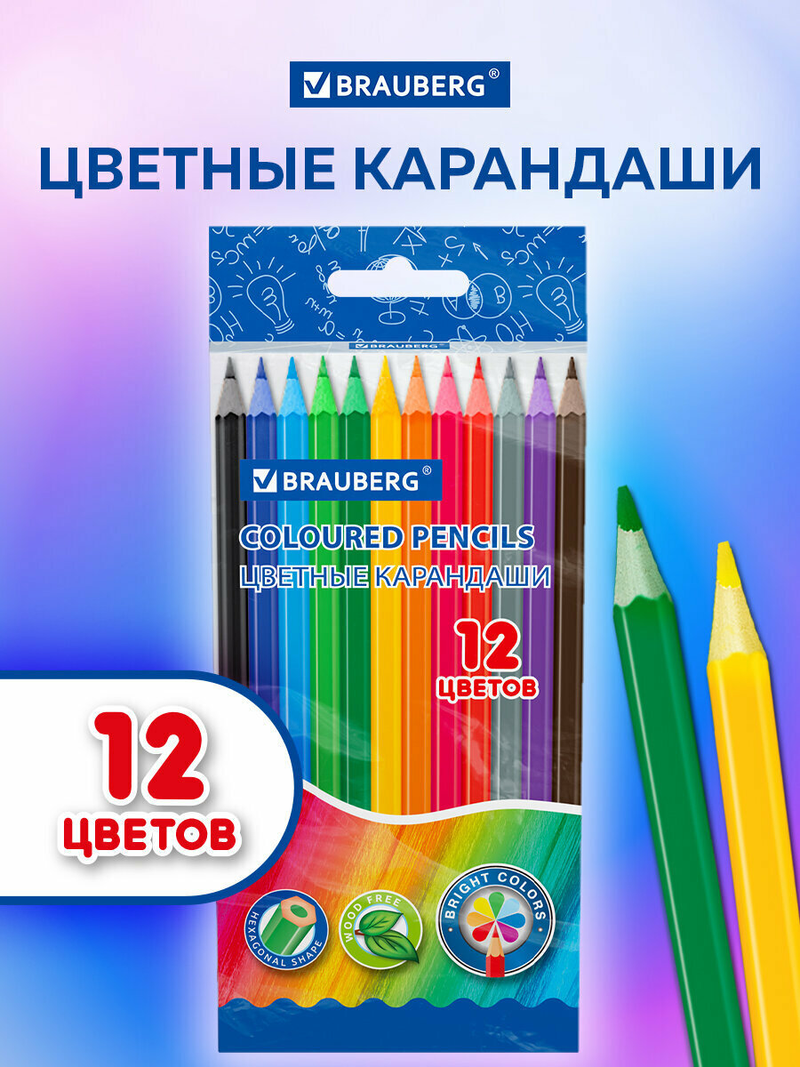Карандаши цветные для рисования детям в школу, набор 12 цветов мягкие, шестигранные, Brauberg, 182067