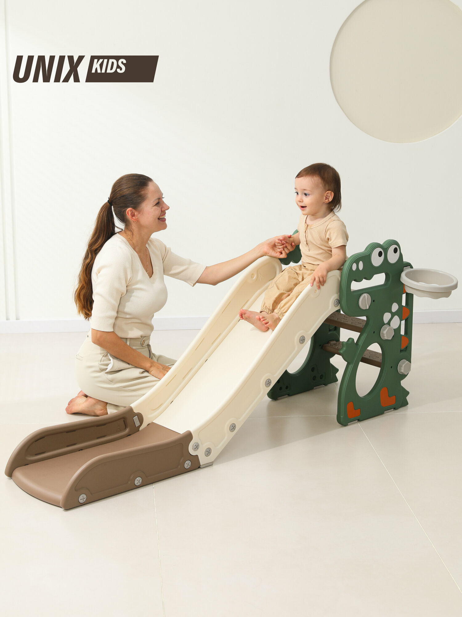 Горка детская для дома и улицы UNIX Kids Дино / Dino пластиковая со скатом 145 см, зеленый