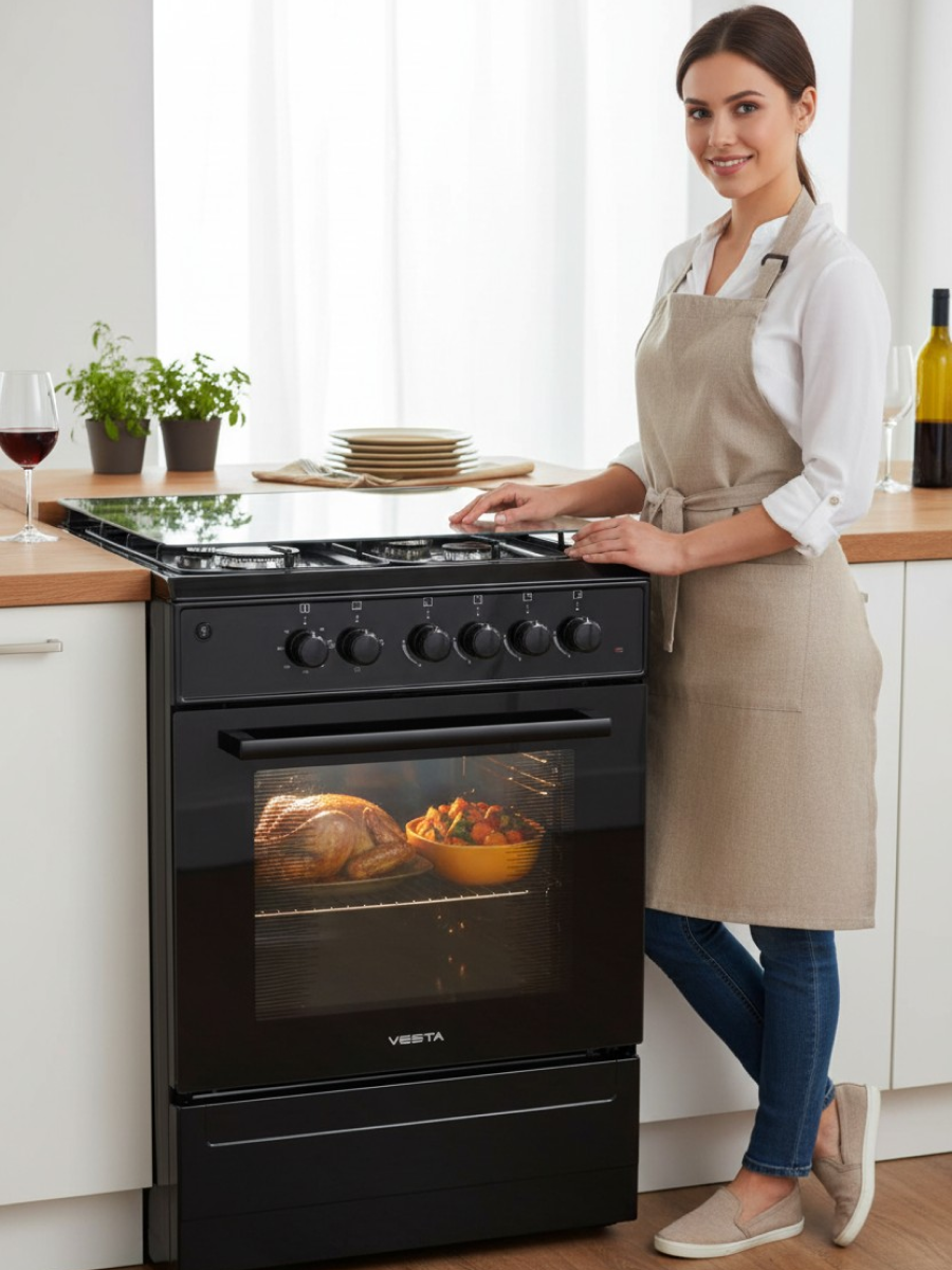 Комбинированная плита VESTA "Valencia" VGE 50, черная, с электродуховкой, механический электроподжиг