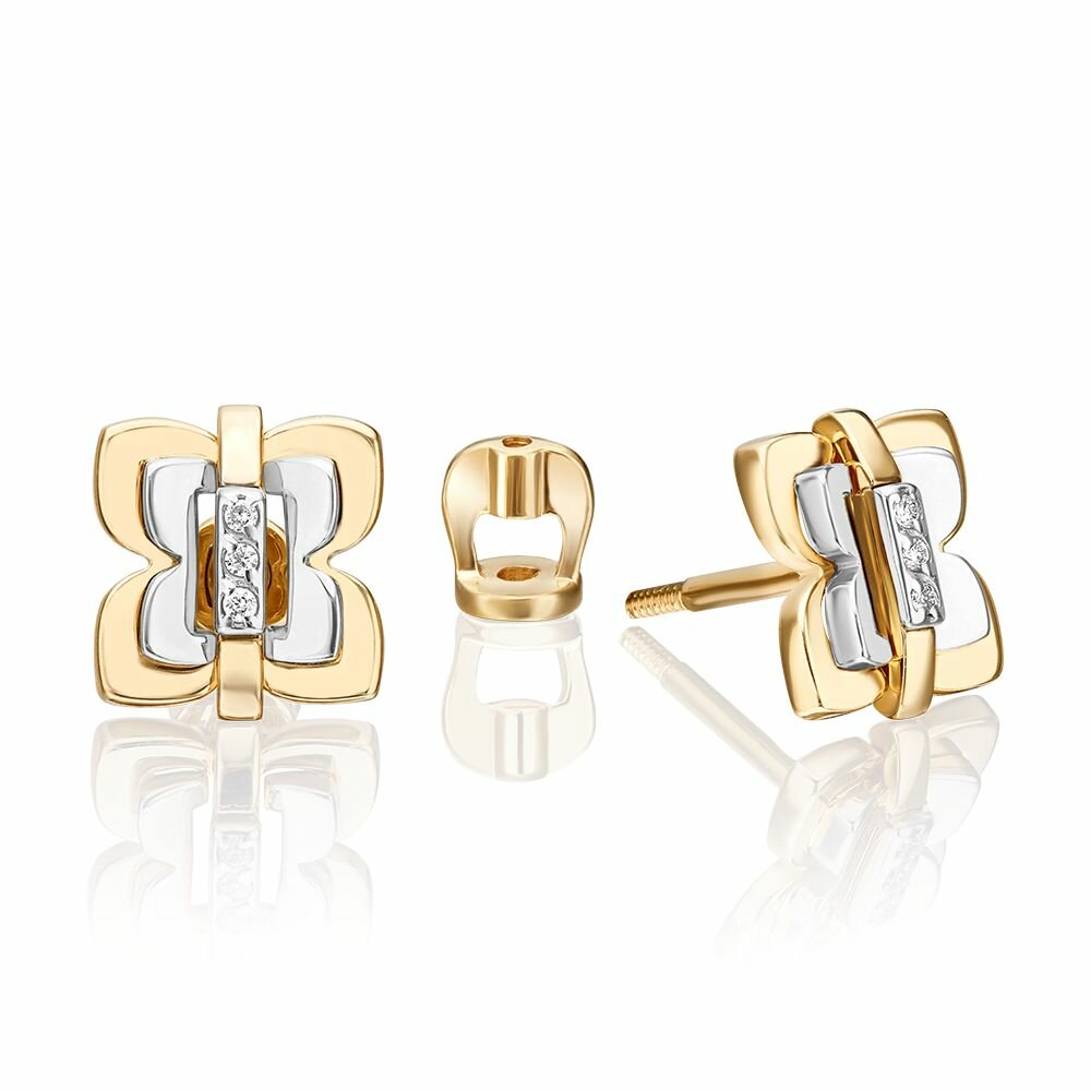 Серьги пусеты, комбинированное золото, 585 проба, родирование, бриллиант