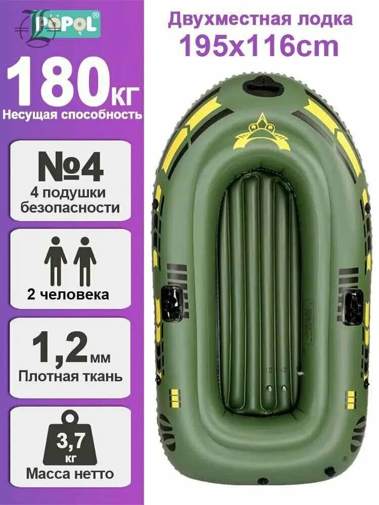 Лодка надувная для рыбалки ПВХ гребная двухместная, зеленая