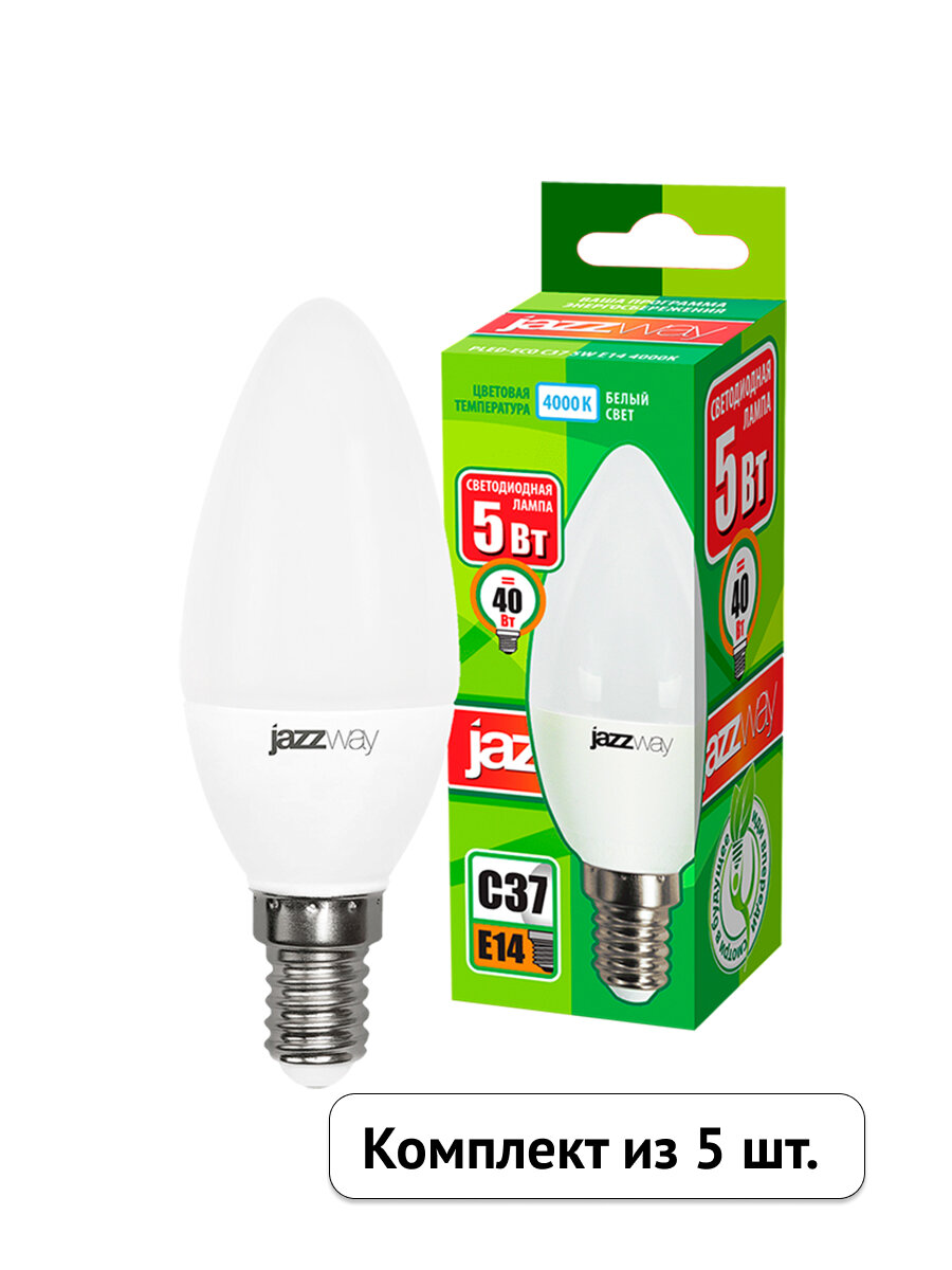 Лампочка светодиодная Jazzway PLED ECO 5Вт, 4000K, 400Лм, Е14, нейтральный белый свет, свеча (комплект из 5 шт.)