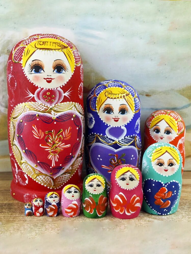 Матрешка Деревянная 10 Штук Русская роспись 10 кукол в наборе ручная работа