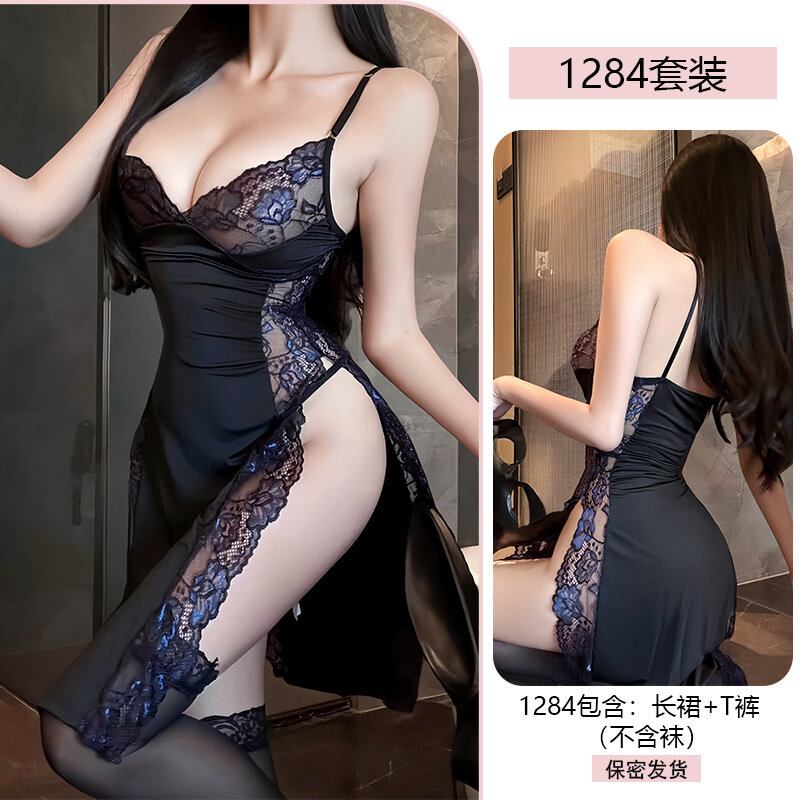 Соблазнительный и соблазнительный комплект нижнего белья с кружевными подтяжками, длинной юбкой с высоким разрезом и в стиле униформы для ночного клуба (1284)