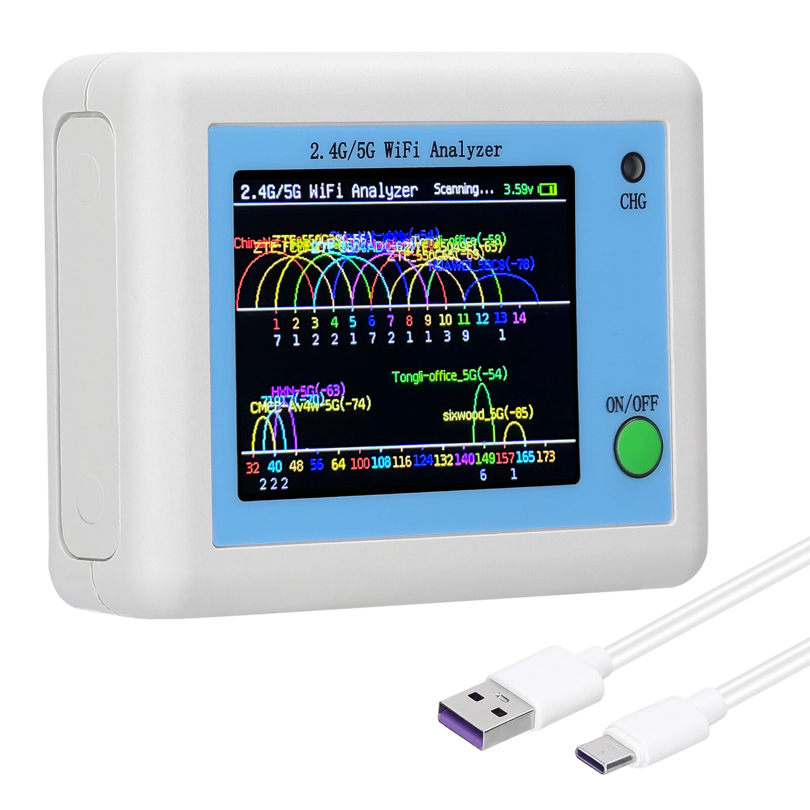 WIFI Signal Scanner 2.4G/5G WIFI Signal Usage Analyzer Router Management Assistant с цветным дисплеем 2.4 дюйма, 600mAh литий-ионным аккумулятором, портом TYPE-C для зарядки, весом 121г, размерами 91*71*30mm, материалом пластик, в комплект входят