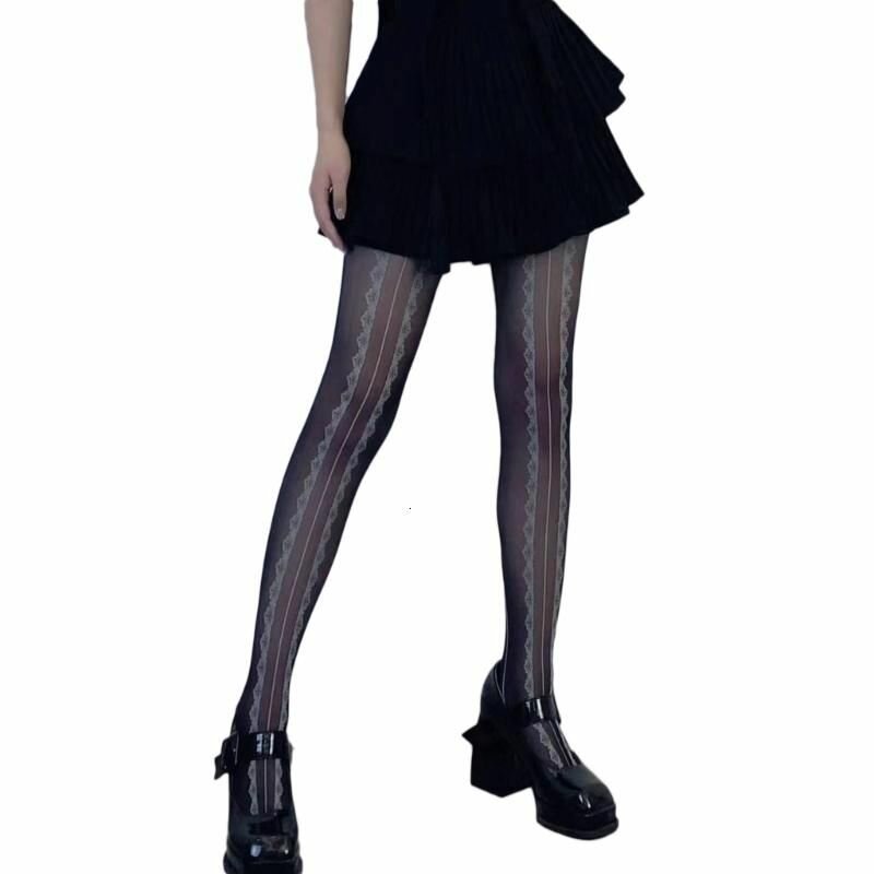 Кружевные чулки-колготки-черно-белая свисающая нить