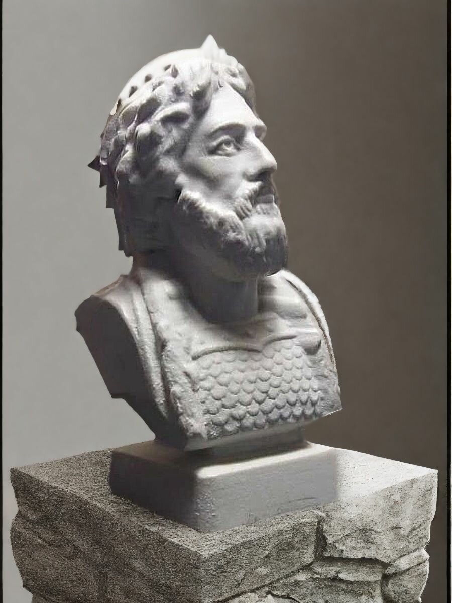 Бюст Александр Невский в ламеллярном доспехе. Из камня BN317 монолит высота 70мм. Белый.