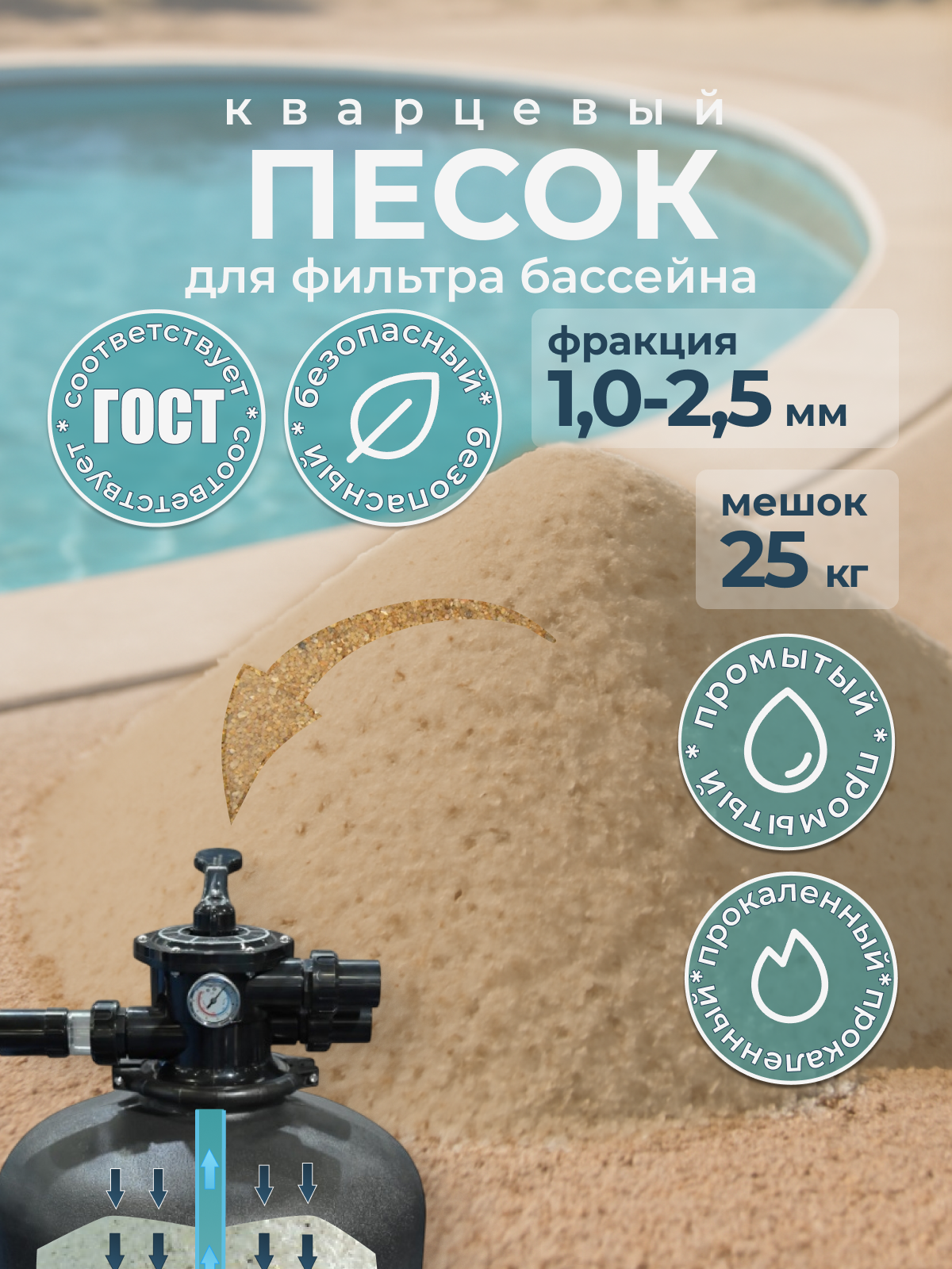 Кварцевый песок 25 кг, фракция 1.0-2.5 мм для фильтра бассейна