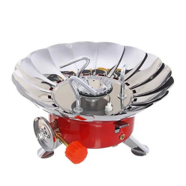 Портативная газовая плита, с пьезоподжигом, ветрозащитный экран, серебристая, туристическая