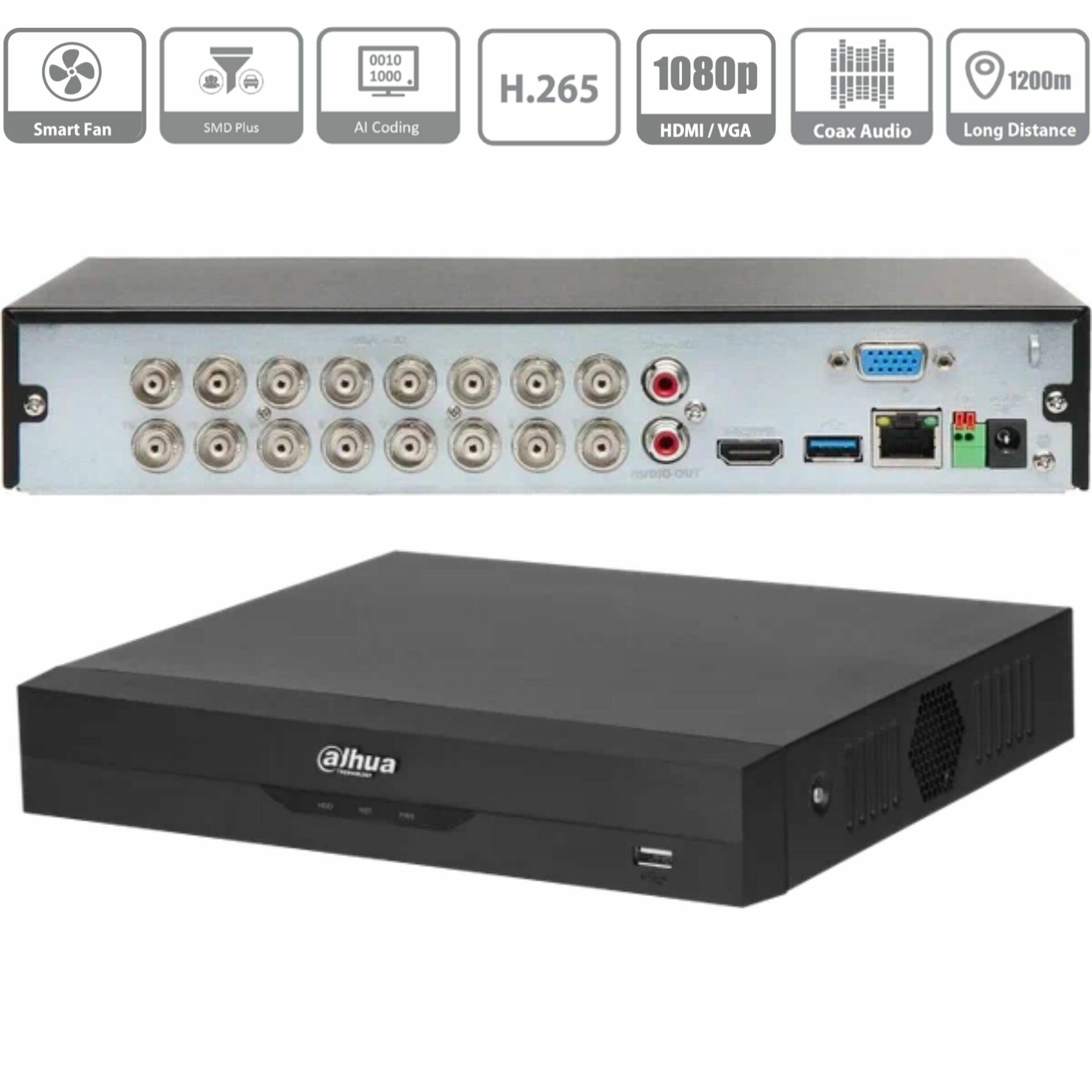 Dahua DH-XVR4116HS-I - 16 канальный видеорегистратор для камер видеонаблюдения HDCVI, XVR-регистратор гибридный Penta-brid 720p 1HDD DVR, SMD Plus H.265+/H.265, поддержка HDCVI, AHD, TVI, CVBS, IP