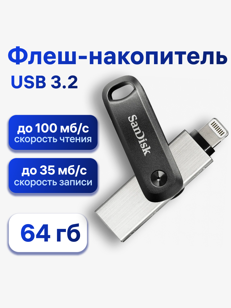 Флешка SanDisk iXpand, USB 3.2 Gen1, 64 ГБ, черный (SDIX60N-064G-GN6NN)