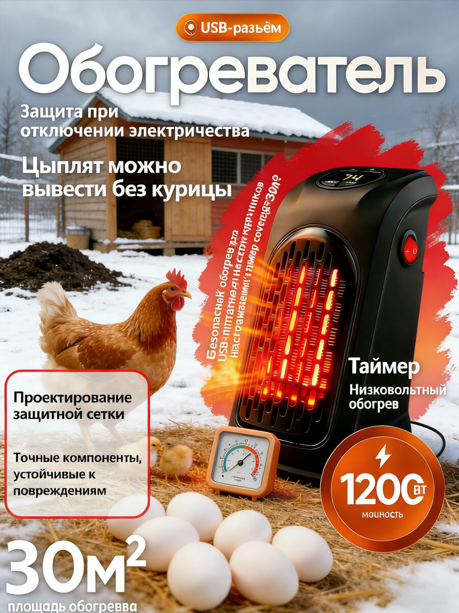 Лампа тепловентилятор Е27 светодиодная для обогрева кур, щенков, цыплят, свиней, курятника, брудера