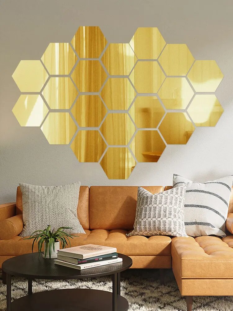 Шестиугольная акриловая зеркальная наклейка на стену, Наклейка интерьерная,10 шт