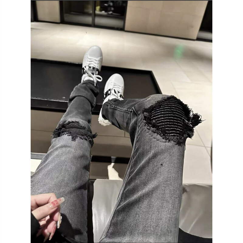 Тренд RONG CH Унисекс Джинсы Лето Имитация Потертых Плиссе Слим Кэжуал Деним, Размер_L