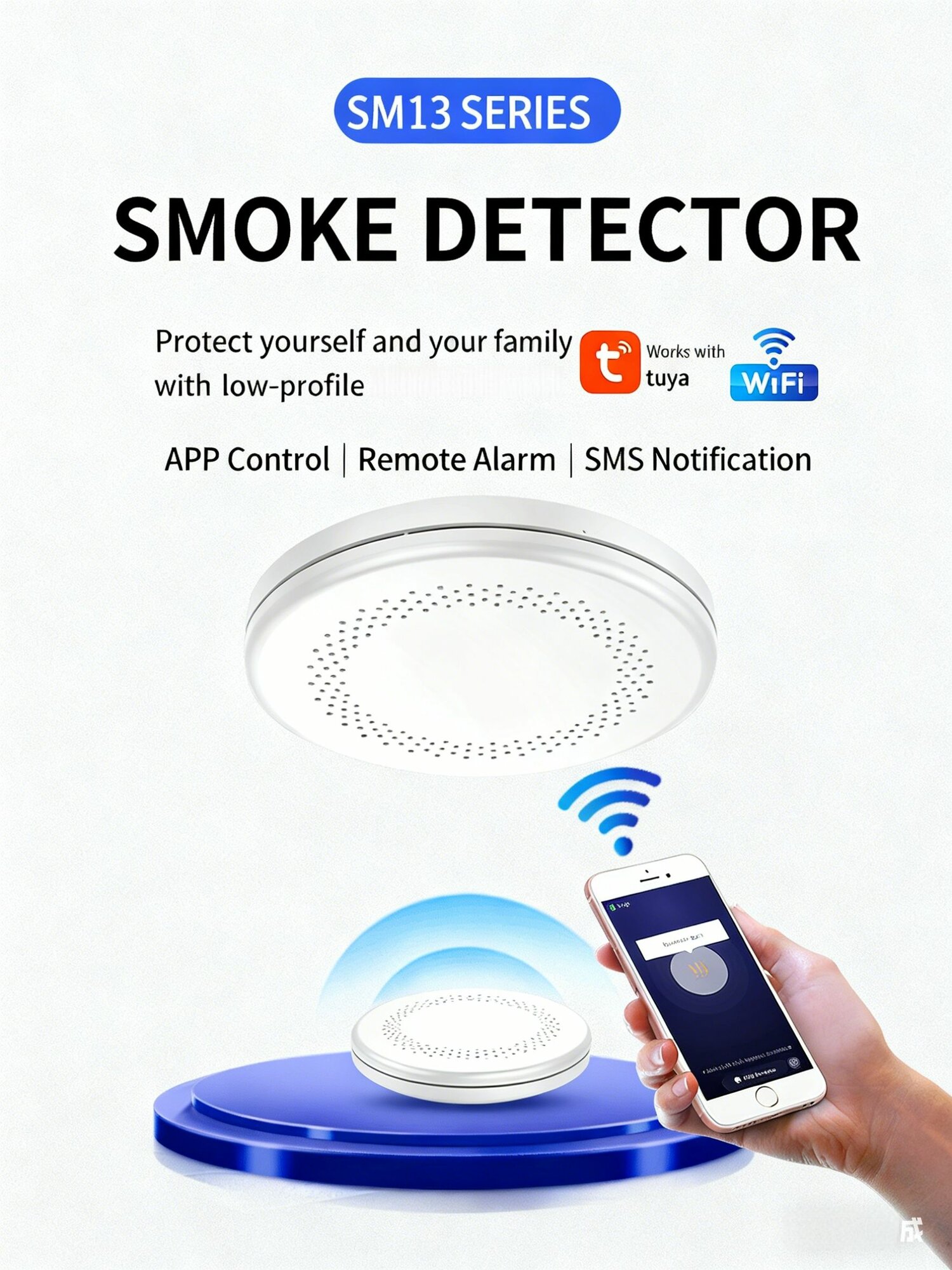Умный Wi-Fi датчик дыма SM13 Tuya Smart Life, фотoэлектрический сенсор, громкая сирена 85 дБ, ультратонкий дизайн, пожарная сигнализация для дома