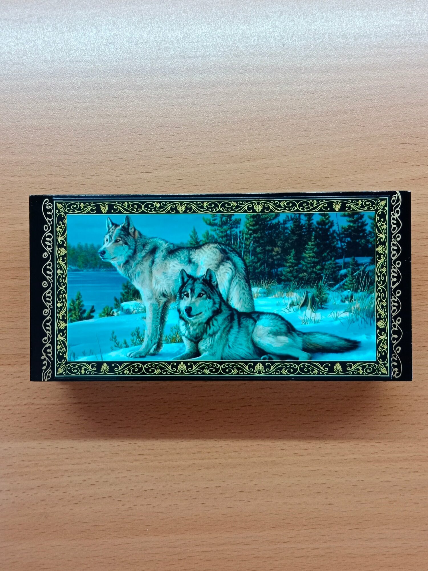 Шкатулка-купюрница универсальная "Волки" 17*8,5*3,5см, лаковая миниатюра