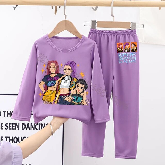 Детская пижама K-Pop «Охотники на демонов», милая ночная рубашка с рисунком мультяшных персонажей для девочек, одежда для отдыха Kawaii, осенняя детская одежда, Размер:140