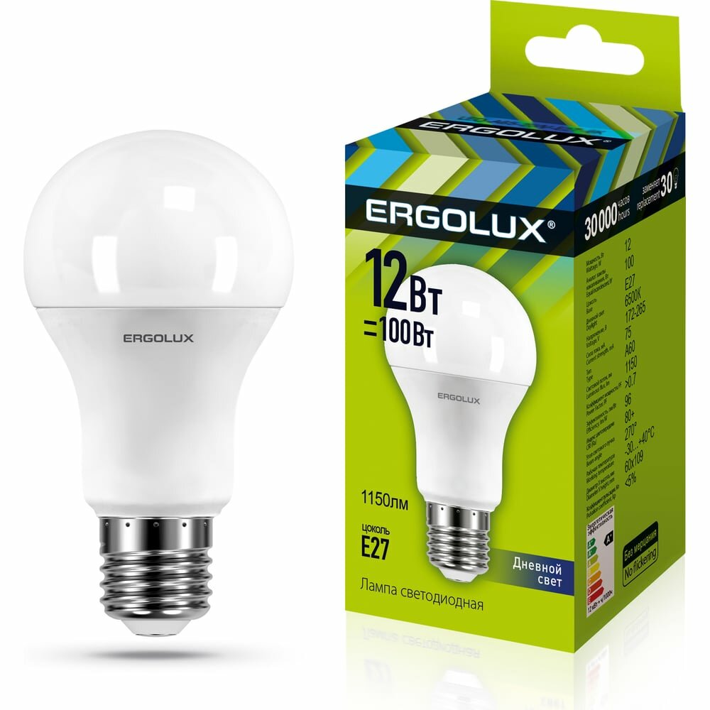 Электрическая светодиодная лампа Ergolux LED-A60-12W-E27-6K ЛОН 12Вт E27 6500K 172-265В 12880