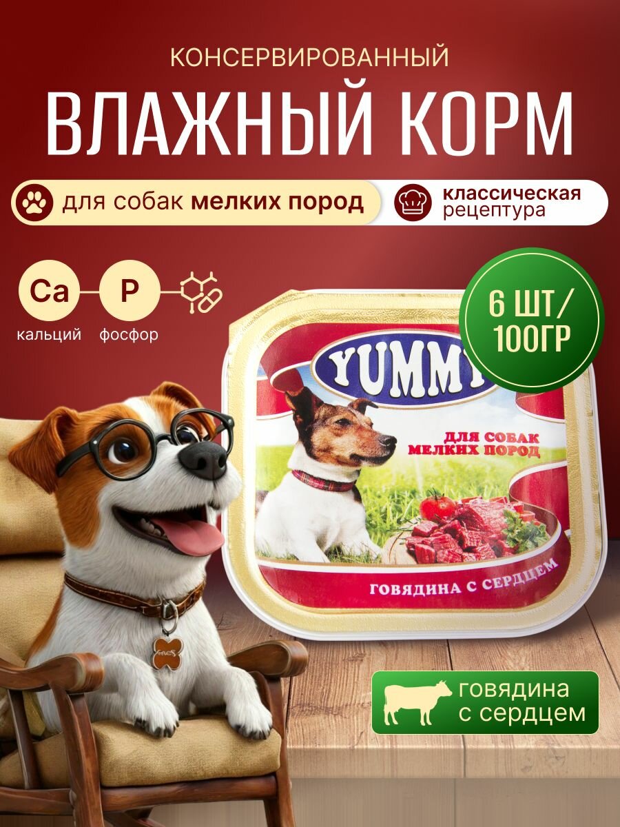 Yummy Влажный корм для собак мелких пород, с говядиной и сердцем, 100 гр. * 6 шт.