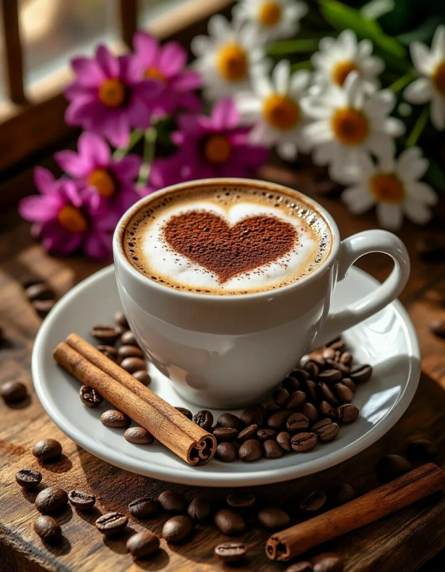 Алмазная мозаика: Чашка кофе с сердечком и цветами 5D полностью покрытая алмазами, набор для вышивки 30X40 см