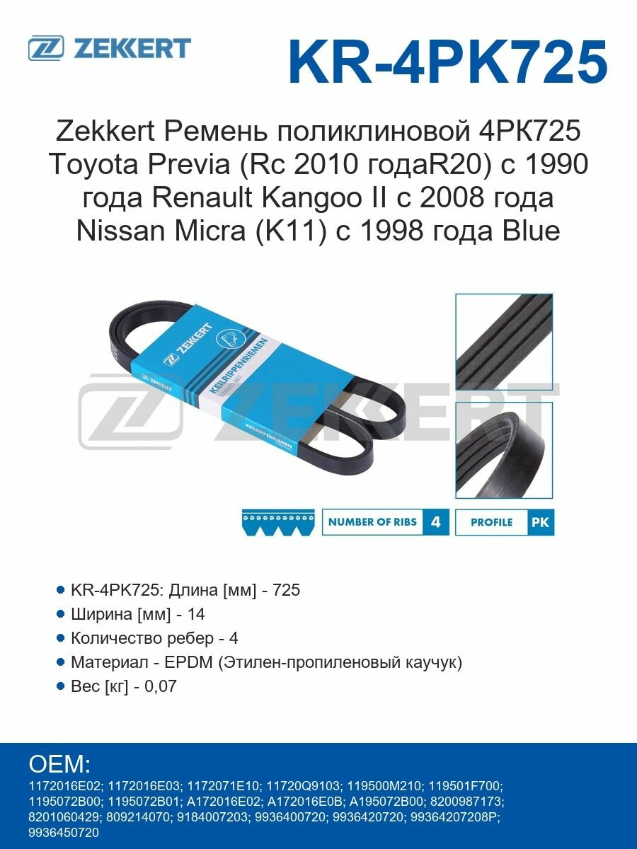 Zekkert Ремень поликлиновой 4РК725 Toyota Previa (Rс 2010 годаR20) с 1990 года Renault Kangoo II с 2008 года Nissan Micra (K11) с 1998 года Blue