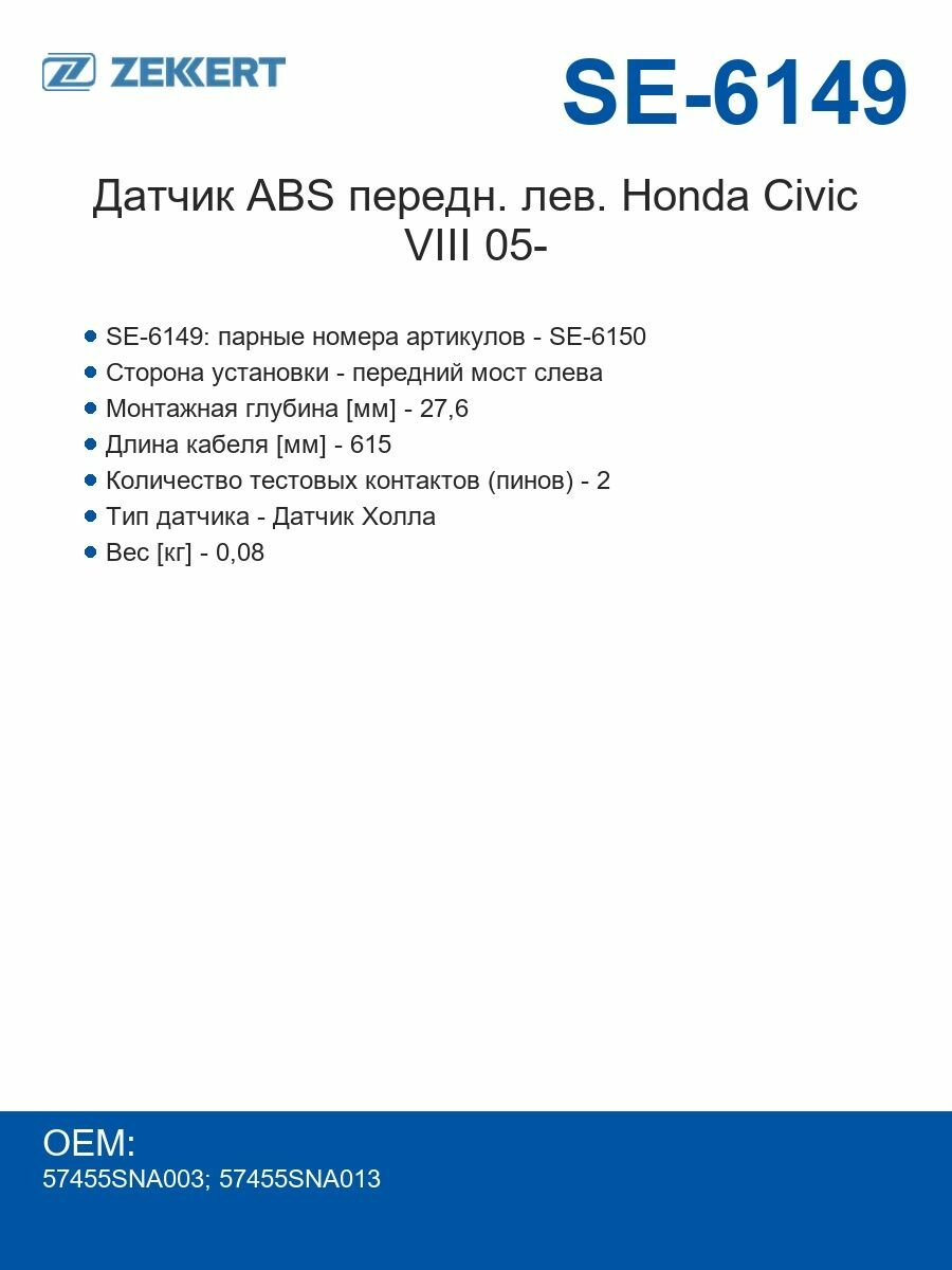 Zekkert Датчик ABS передний левый Honda Civic VIII 05-
