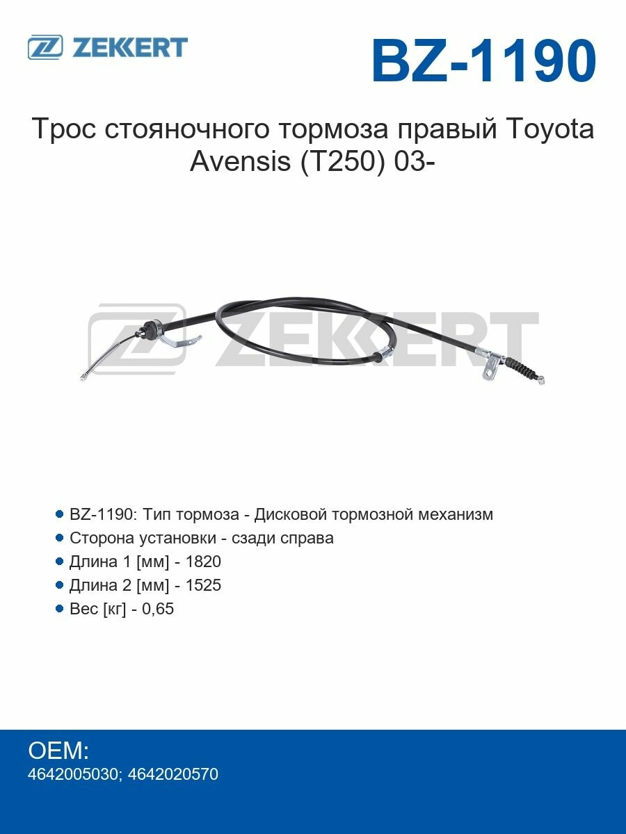 Zekkert Трос стояночного тормоза правый Toyota Avensis (T250) с 2003 года
