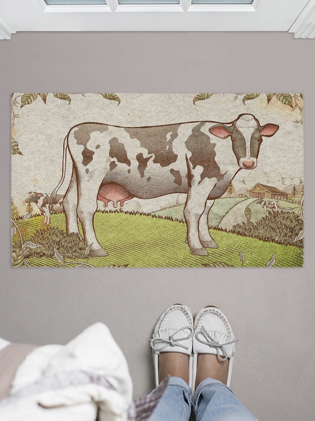 Коврик придверный в прихожую с принтом "Молочная корова" 45 на 75 см , JoyArty