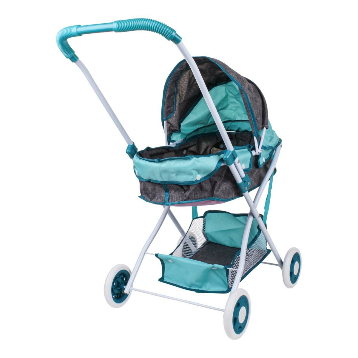 Коляска лежачая для куклы 62х36х68см, металл/текстиль, бирюзовый/серый