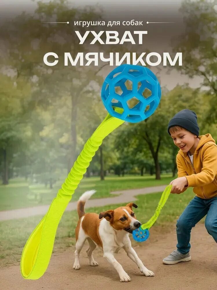 Ухват с мячиком для собак. Игрушка для собак резиновая. Игрушка для дрессировки безопасная.