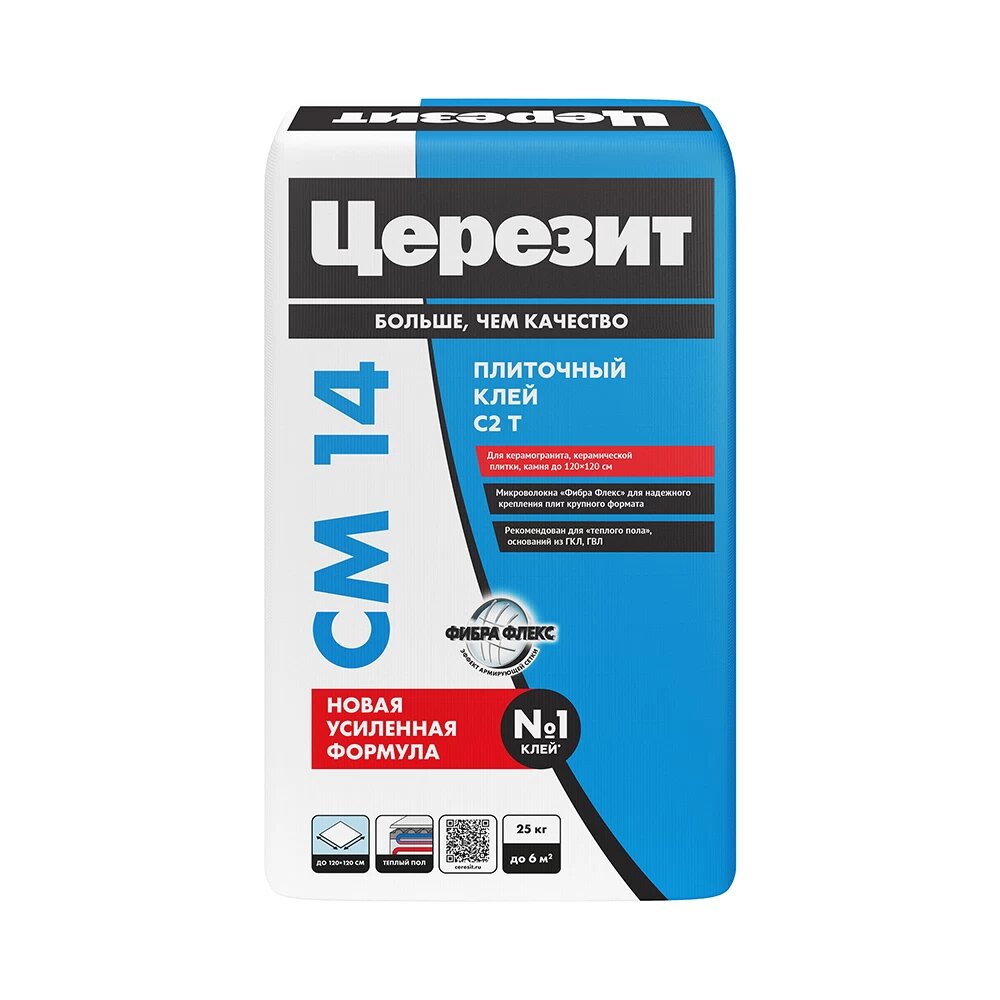Клей для плитки/ керамогранита/ камня Церезит СМ 14 усиленный с армирующими волокнами серый класс C2 T 25 кг Церезит 1767954