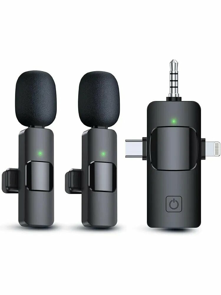 Микрофон K15 / Беспроводной петличный микрофон + универсальный ресивер с 3 интерфейсами (3.5 mm jack, Type-C и Lightning)2 микрофон, черный