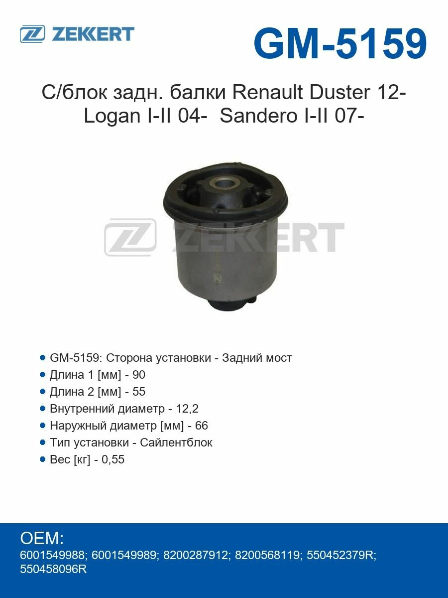 Zekkert Сайлентблок заднего балки для Renault Duster с 2012 года Logan I-II с 2004 года Sandero I-II с 2007 года