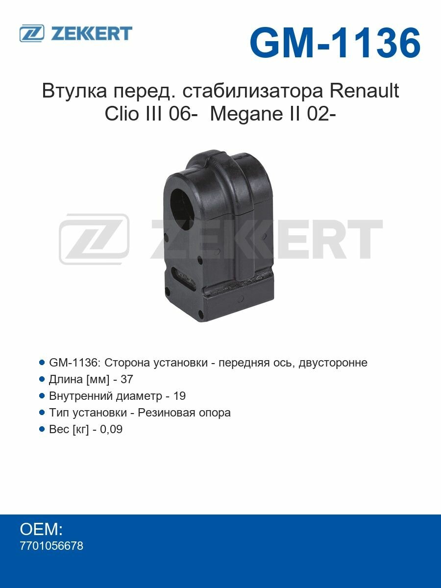 Zekkert Втулка стабилизатора передняя Renault Clio III с 2006 года. Megane II с 2002 года.