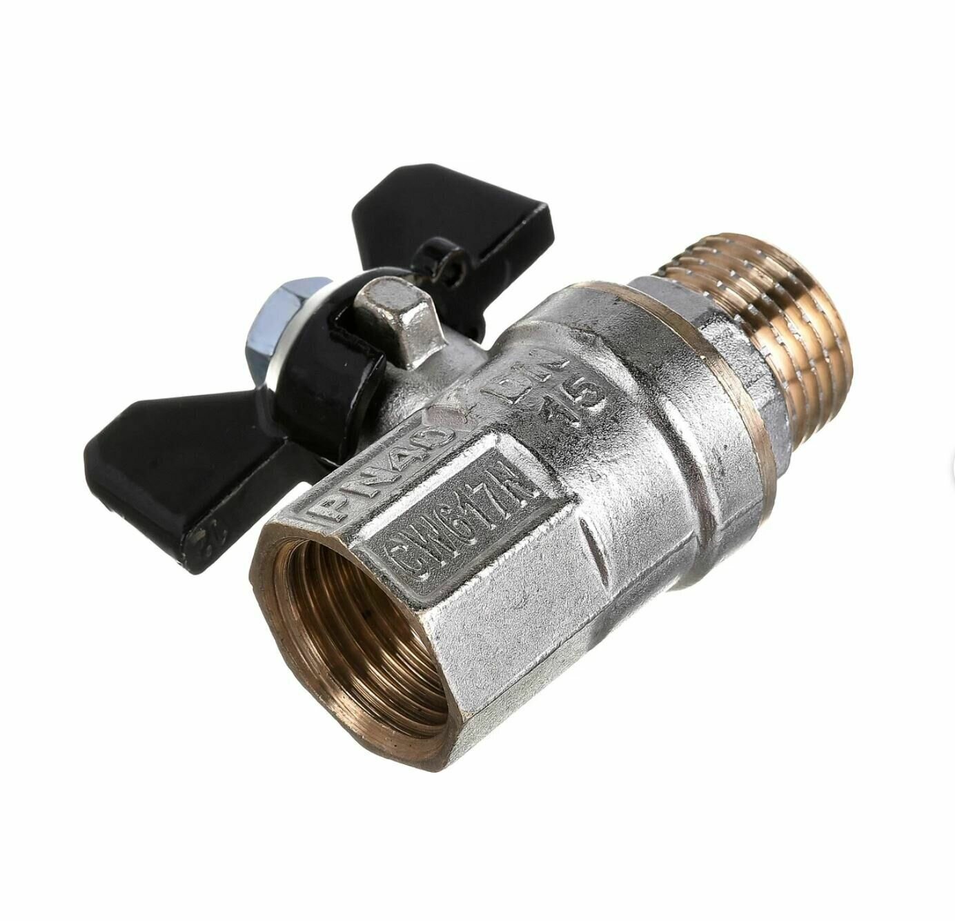 Кран шаровой ручка бабочка, латунь, внутренняя/наружная резьба 1/2", PN40 никель, RTP