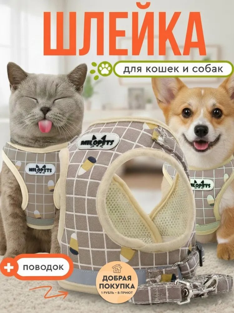 Шлейка для собак мелких пород и кошек MiloPets, с поводком, цвет бежевый