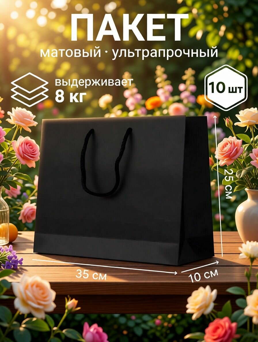Подарочные пакеты черные матовые 10 шт Универсальный размер 35х25х10 см для вина, косметики, конфет Без принта